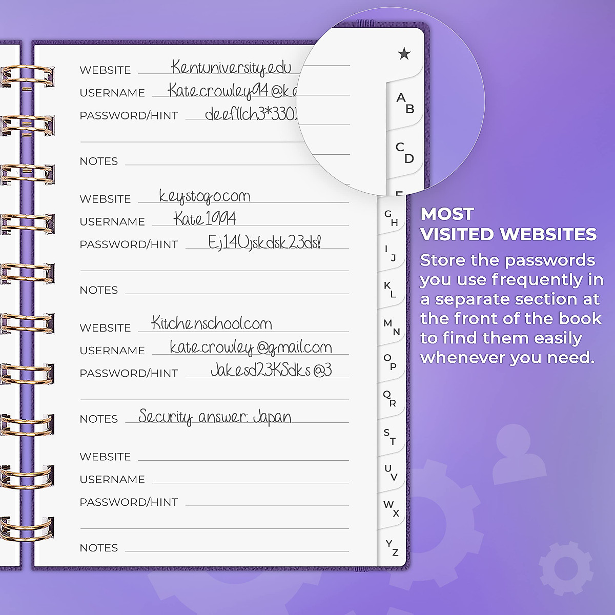 Clever Fox Password Book Spiral – Mini Internet Address & Password Organizer with Laminated Alphabetical Tabs – Small Password Keeper Journal – Hardcover, Pocket Size, 4.7x5.7” (Purple)