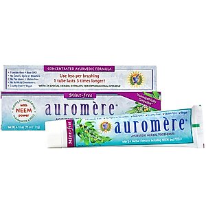Auromere Ayurvedic Herbal Toothpaste, Mint Free - Vegan, Natural, Non GMO, Fluoride Free, Gluten Free, with Neem & Peelu (4.16 oz), 1 Pack
