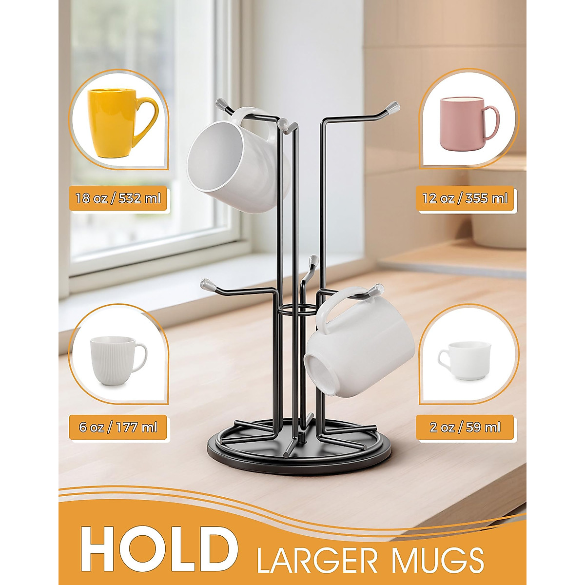 Bulado Mug Tree for Large Mugs, 360° Rotated Coffee Mug Holder, Metal Mug Tree for Counter Large Mugs 6, Coffee Cup Holder for Countertop for Easy Grab and Drop, Mug Stand for Coffee Bar Kitchen