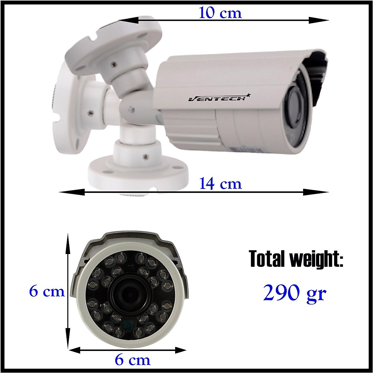 VENTECH Metallic Bullet Security Camera with 24 ir led Day-Night Vision 65ft Cut CMOS Outdoor Indoor (Hybrid 4-in-1 CVI/TVI/AHD/960H Analog CVBS)