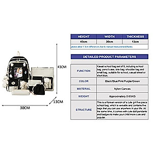 Kawaii Backpack 5Pcs Set Aesthetic School Bags 17in Cute Bookbag with Badge&Pendant,Shoulder Bag,Pencil Box,Tote Bag,Small Bag Black