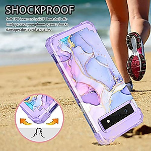 Hekodonk for Google Pixel 6 Case,Heavy Duty Shockproof Protection Hard Plastic+Silicone Rubber Hybrid 3 in 1 Drop Protective Case for Google Pixel 6 Purple Marble