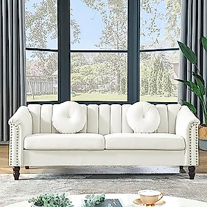 FULife 72" Velvet Upholstered Loveseat Tufted Futon Sofa,Chesterfield Accent 3 Seaters Sofá Couch with Nail Arms&2 pillows for Living Bedroom/Apartment/Office/Studio/Bonus Room/Compact Places, Beige