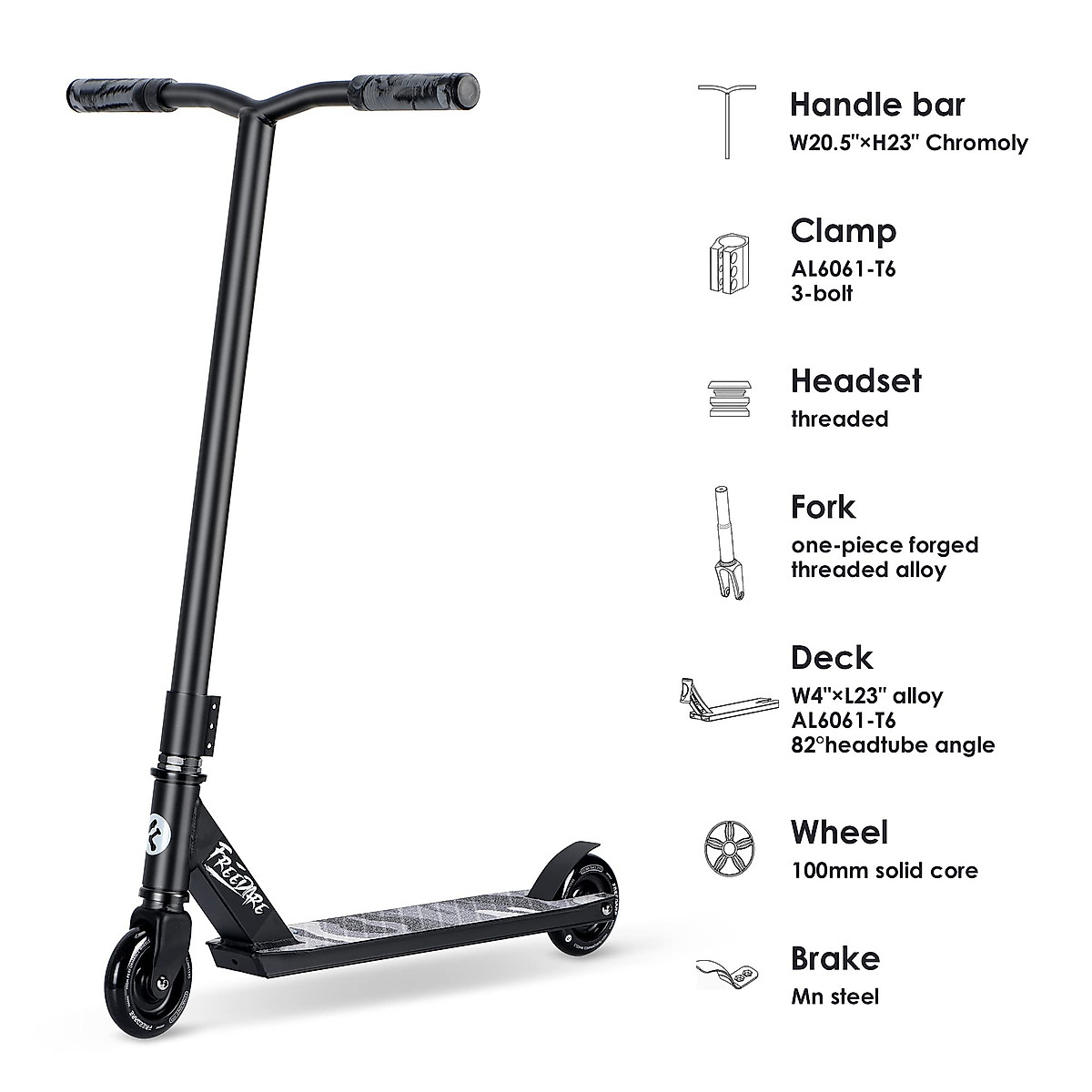 FREEDARE Complete Pro Scooter JB-1 Stunt Scooter for Kids 8 Years and Up, Teens, Adults, Trick Scooter for Beginners Black