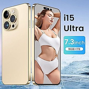 i15Ultra Cheap Unlocked Smartphone, 7.3Inch Original Incell HD Capsule Screen, 16GB RAM 1TB ROM, 5G Global Version Mobile Phones for Outdoor Adventure,Gold-1TB