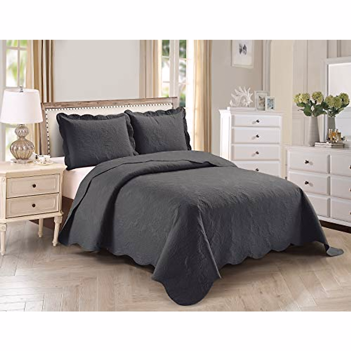 Better Home Style 2 Piece Luxury Floral Ultrasonic Embossed Solid Color Quilt Coverlet Bedspread Oversized Bed Cover Set # Stacy (Charcoal, Twin)