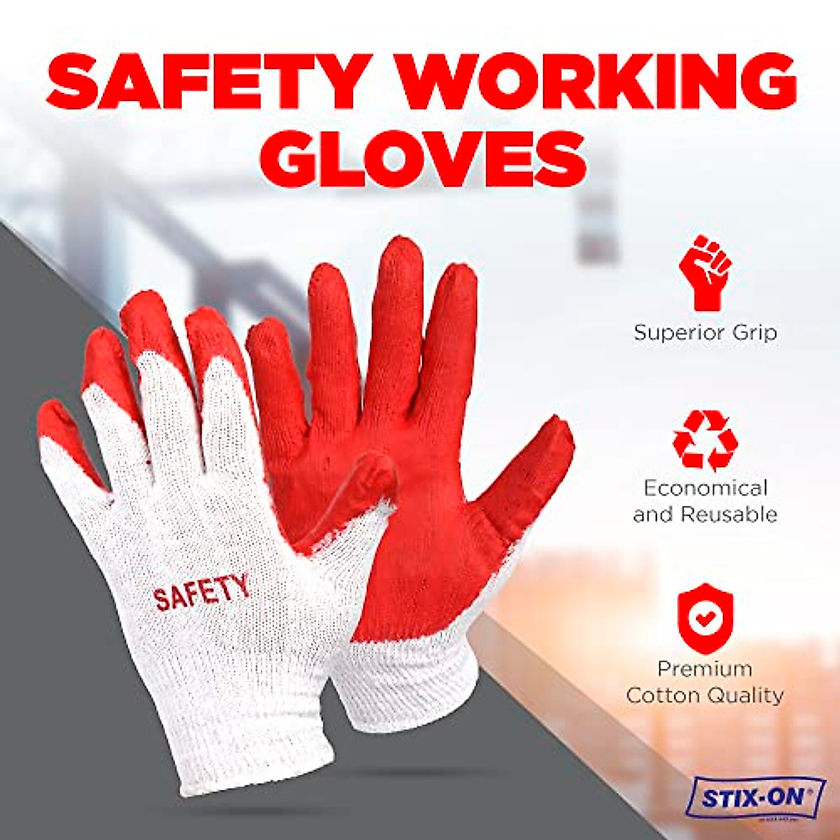 STIX-ON SAFETY Non-Slip 300 Pairs Red Latex Cotton Multi-Purpose Work Gloves- Nitrile Dipped & Rubber Palm Coated for a Firm Grip- Heavy Duty Premium-Construction-Moving-Warehouse-Garden-Gloves