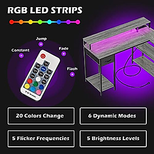SUPERJARE L Shaped Gaming Desk with LED Lights & Power Outlets, Reversible Computer Desk with Shelves & Drawer, Corner Desk Home Office Desk, Gray