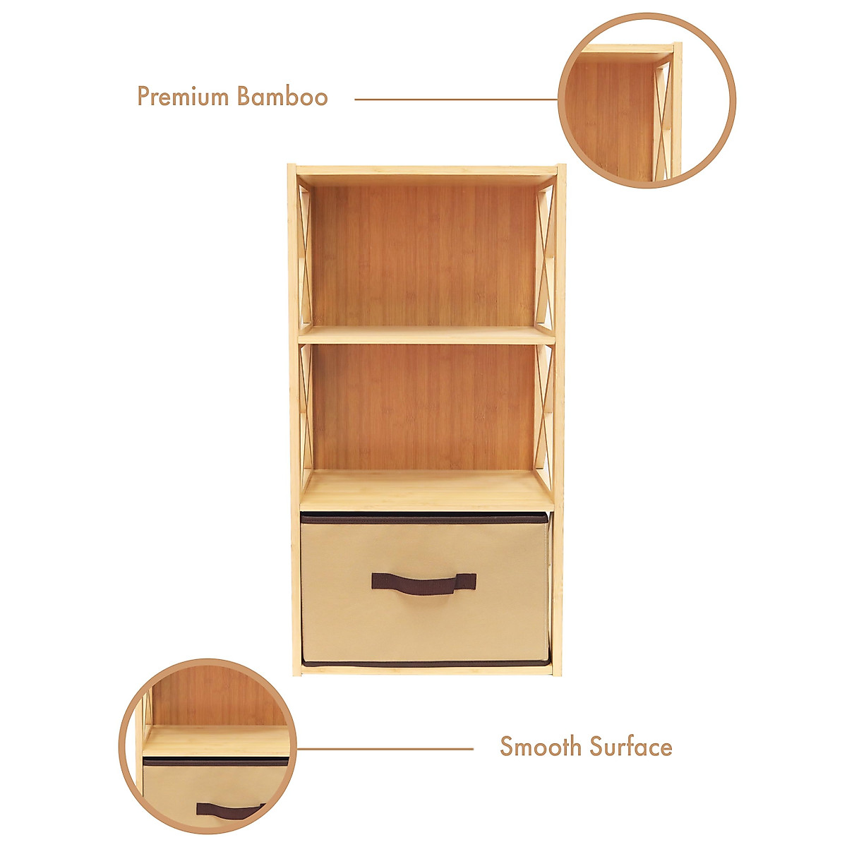 RoyalHouse Bamboo Storage Cabinet with Basket, 3-Tier Open Shelf, Cabinet for Bathroom, Living Room, Bedroom, Kitchen,Office