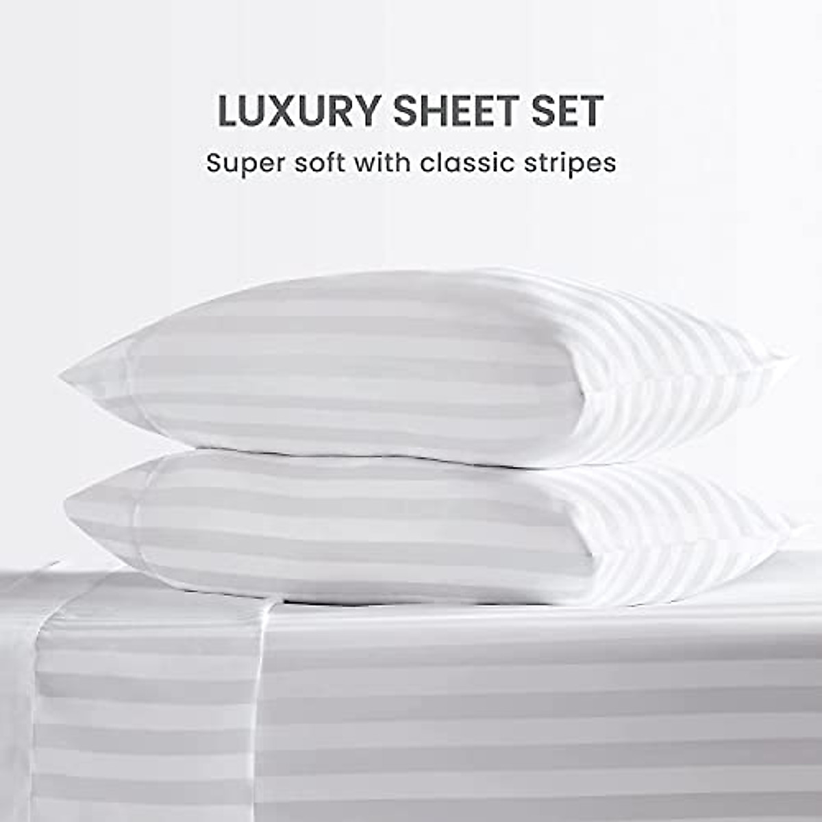 CUSTOMER DELIGHT Luxury 100% Egyptian Cotton Sheets 1000 Thread Count 4 Piece Extra Deep Pocket Bed Sheet Set Sateen Stripe (King, White)