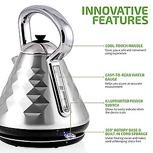 OVENTE Electric Kettle Hot Water Boiler Stainless Steel 1.7 L Automatic Shut-Off 1500W Cleo Collection Cool Touch Handle Portable Brew Coffee Maker Tea Heater w/ Boil Dry Protection Brushed KS755BR