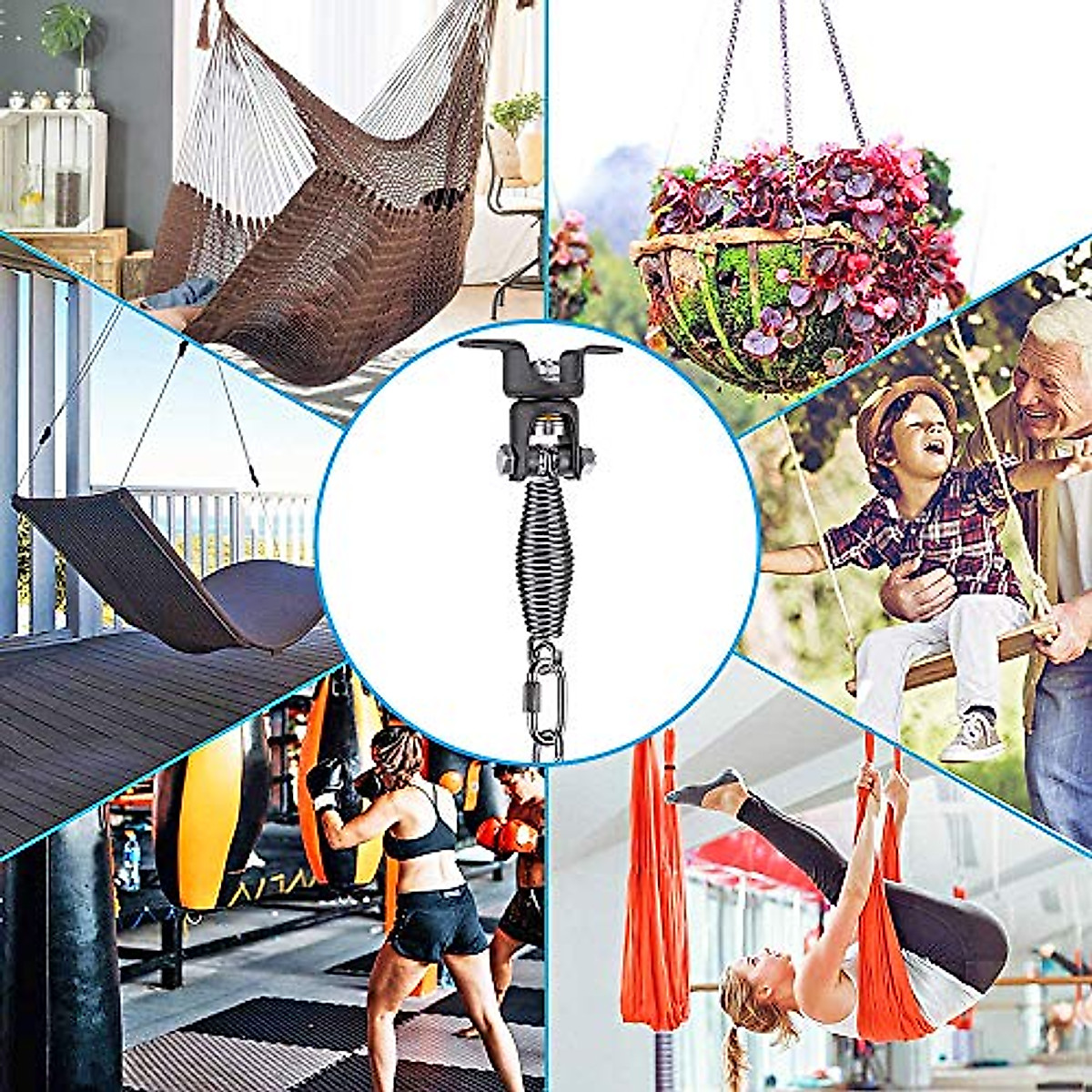 SELEWARE Hammock Hanging Kit, Bearing Swing Hanger with Spring, 39” Chain and Carabiner, 360°Rotation, Heavy Duty Indoor & Outdoor Hammock Chair Porch Swing Set Hardware for Wood and Concrete