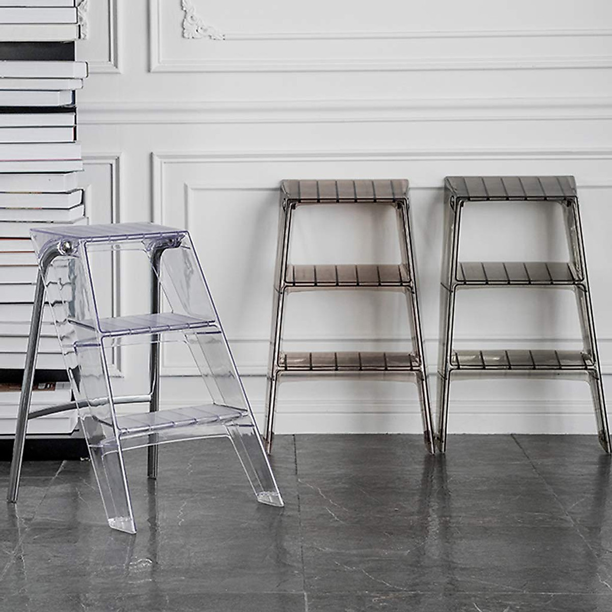 Acrylic 3 Step Ladder Step Stool Transparent L44xW52xH63cm Folding Step Stool 150kg Capacity Ladder for Kitchen Electroplated Silver Iron Frame Household Stool