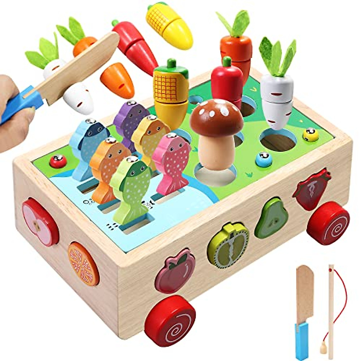 Tooysea Toddler Educational Toys | Montessori Multifunctional Toys for 2 3 4 Year Old Girls Boys, Wooden Shape Sorting Counting Puzzle Carrots Harvest Game, Preschool Learning Gifts for Kids