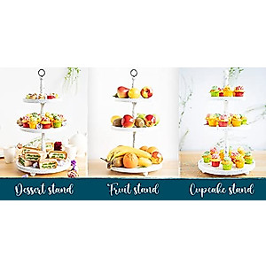 SensaCasa Farmhouse Tiered Tray – 3 Tier Tray – Rustic White Three Tier Tray - Wooden Farmhouse Kitchen Decor – 3 Tier Serving Trays – Wood Round Tiered Stand