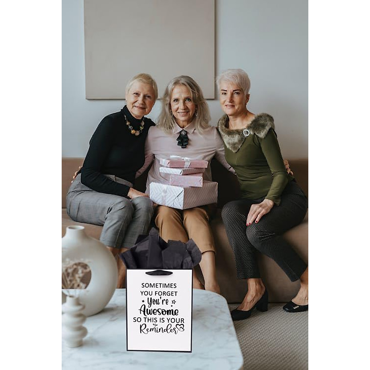 Lyforpyton Large Reminder Gift Bag with Tissue Paper 13" Black and White Gift Bag for Men Women Best Friends Coworker Birthday