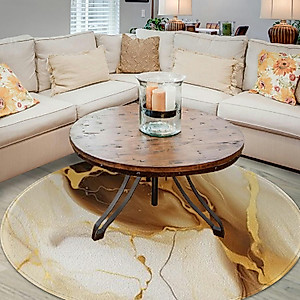 Round Rug 4ft for Kitchen Living Room Bedroom Dining Room Table Outdoor Entryway Washable Large Carpet Circular Circle Area Rug Luxury Brown and Gold Marble Abstract Premium Italian Glossy