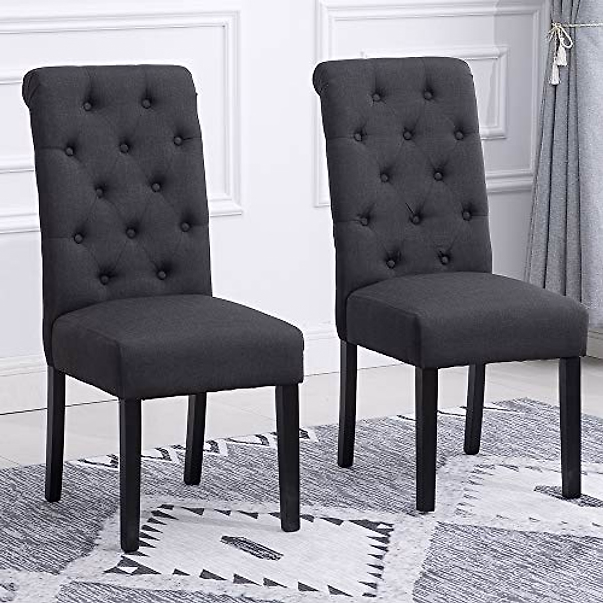 Pair Dining Room Chairs Kitchen Chairs Set of 2 Grey Comfortable Linen Fabric Upholstered Black Wood Legs Side Chairs Studded Nailhead and Button for Living Room Restaurant Lounge (2, Charcoal Grey)