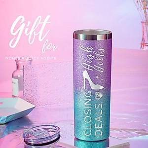 Onebttl Realtor Gifts for Women, Clossing Deals In High Heels, Funny Gifts for Real Estate Agent, Salesman, Boss, Coworkers, Employees, 20 Oz Stainless Steel Tumbler, Glitter Purple