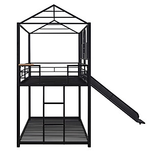 Harper & Bright Designs Twin Over Twin Bunk Bed with Slide, House Bunk Bed with Roof and Guardrails, Metal Bunk Bed Twin Over Twin, House Bed for Kids, Teens, Girls, Boys (New, Black)