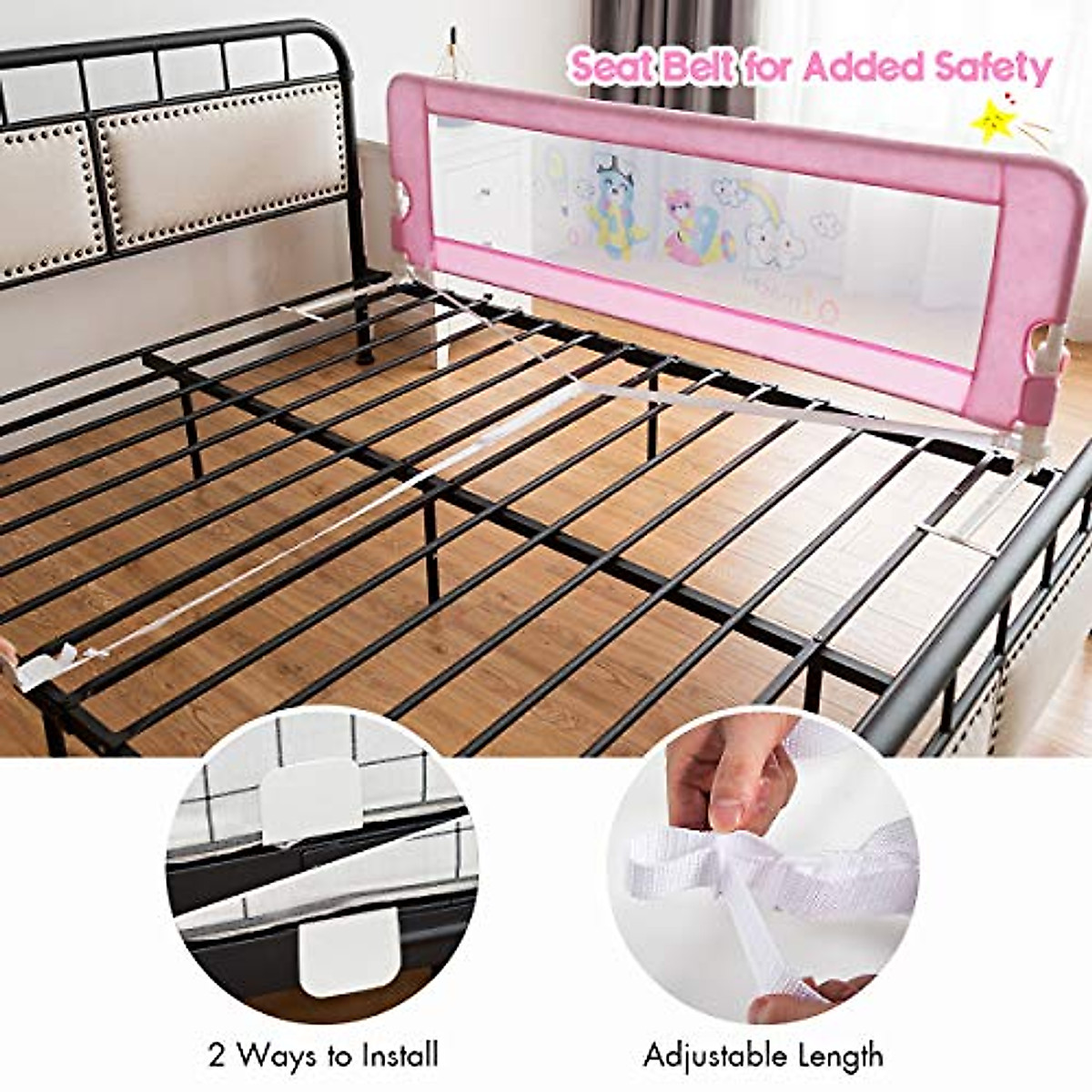 BABY JOY Bed Rails for Toddlers, 69 Inch Extra Long w/Safety Straps, Swing Down Safety Bed Guard for Convertible Crib, Folding Baby Bedrail for Kids Twin Double Full Size Queen & King Mattress (Pink)