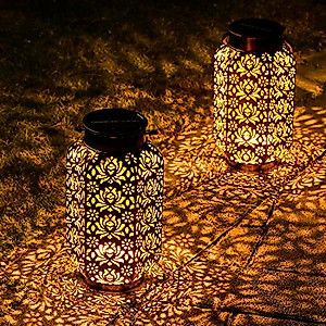 Solar Lanterns Outdoor Garden Decor - 2 Pack LED Garden Lantern Hanging Solar Powered with Handle Waterproof Decorative Retro Metal Solar Lights for Table Patio Yard Pathway Walkway Christmas - Large