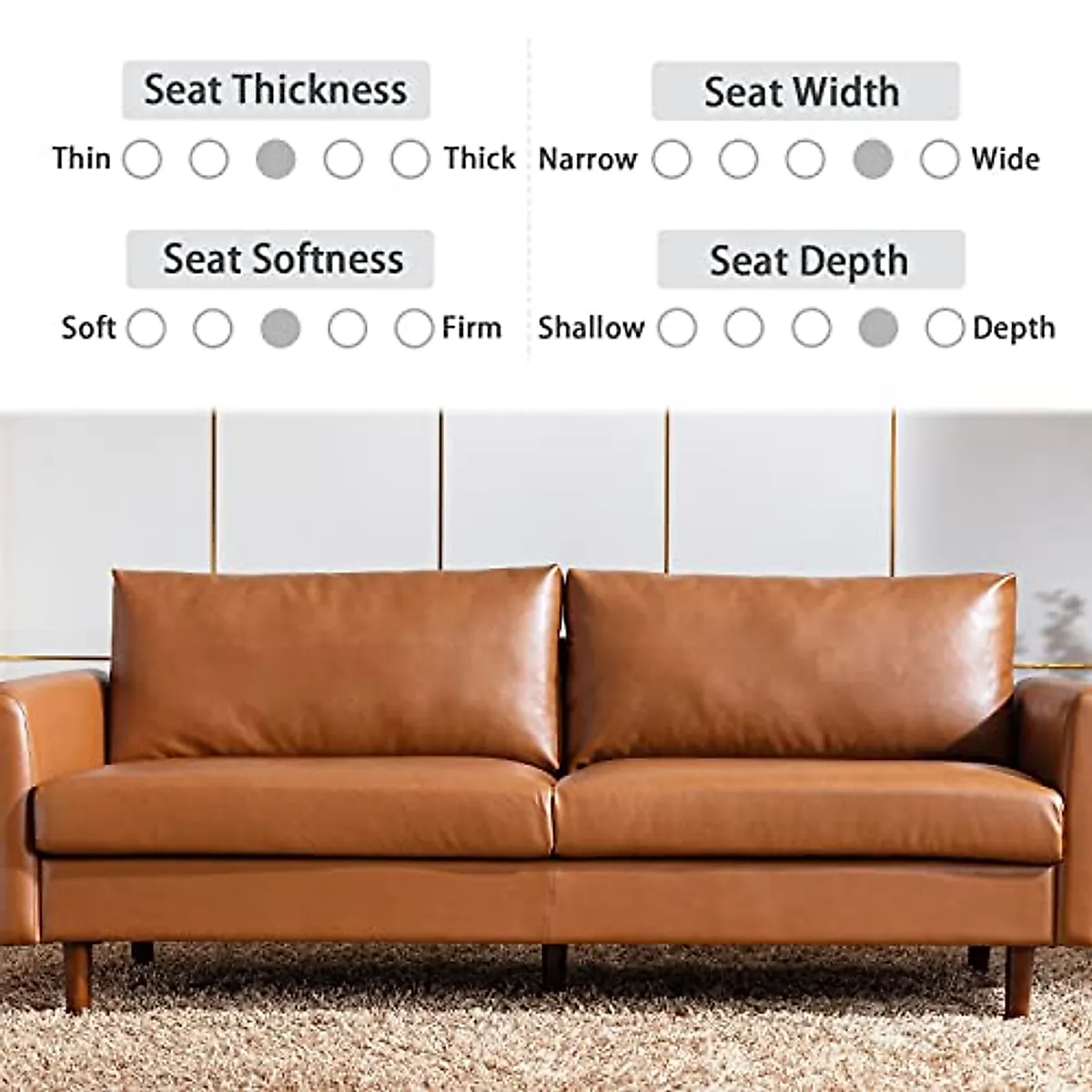 Dreamsir 80'' Faux Leather Sofa Couch, Mid-Century Modern Sofa with Solid Wooden Frame & Padded Cushions, 3-Seater Couch for Living Room, Apartment, Lounge Room (Brown)