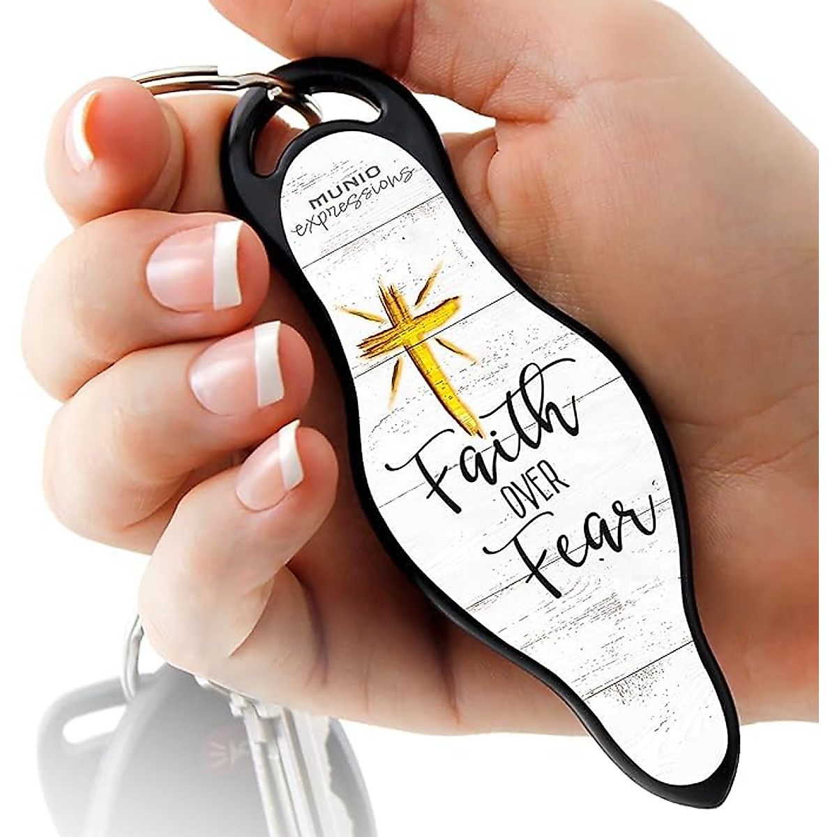 MUNIO Original Self Defense Keychain Kit - Self Protection Personal Safety Essentials, Portable Defense Kubotan, Legal for Airplane Carry - TSA Approved - Made in USA (Faith Over Fear)