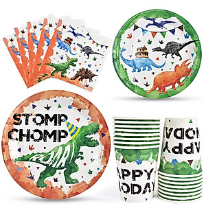 Watercolor Dinosaur Party Supplies - Disposable Dinosaur Party Tableware for Kids Boys Birthday Includes Luncheon Dinner Dessert Plates Napkins Paper Cups Serves 16 Guests 64 PCS