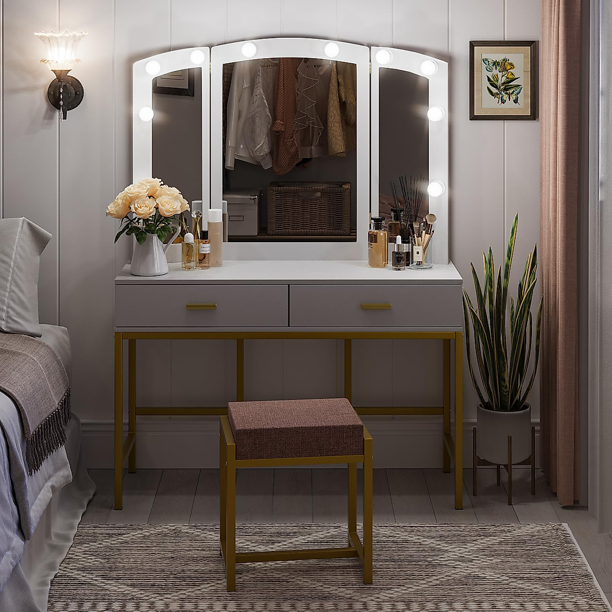 Semiocthome White Makeup Vanity Desk with Mirror and Lights, Make Up Vanity with Power Strip, 39.4" W Vanity Table with 2 Drawers and Stool for Girls, Vanity Set with Gold Metal Frame for Bedroom