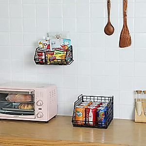 LUMAMU 2-Tier Stackable Wire Baskets for Storage Pantry, Hanging Wall Basket with Removable Dividers Countertop Basket Organizer for Snack Fruit Veggies Canned Food, Black