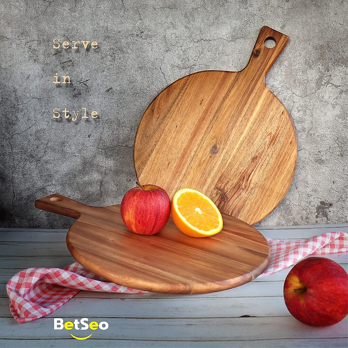 PREMIUM ACACIA Wood Cutting Board with Handle (10"x16") Rectangular Acacia Wooden Kitchen Chopping Boards for Meat, Cheese, Bread, Vegetables & Fruits. (1Pcs-Round Cutting Board)