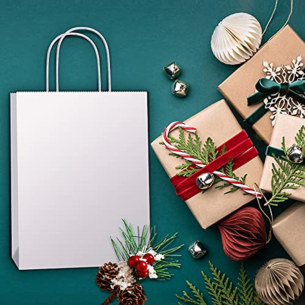 UCGOU Small Gift Bags 5.25x3.75x8 Inches 25Pcs White Kraft Paper Bags Paper Gift Bags with Handles Party Favor Bags Shopping Bags Goodie Bags Craft Bags