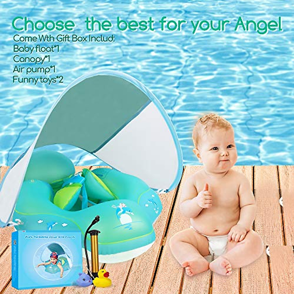 Relaxing Baby-Pool Float with Adjustable Seat Pocket with Canopy of UPF 50+UV Protection Anti-Slip Crotch, Add Tail Chamber Baby Floats for Pool Accessory Air Pump and 2 Pool Toys for Toddler 6M-3Yrs