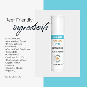 Reef Safe Sunscreen SPF 50 Facestick - Biodegradable, Hawaii & Mexico Approve, Zinc, Vitamin E, Oxybenzone & Octinoxate Free, Water Resistant, Natural Ingredients, Made in USA by Coral Safe