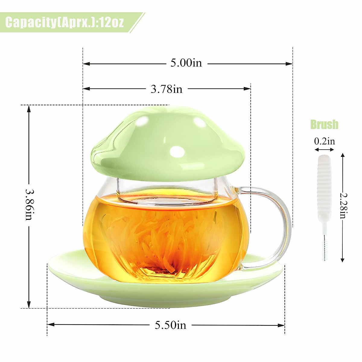 WHJY Mushroom Tea Cup with Infuser and Lid, Cute Mushroom Mug, Kawaii Glass Tea Cup with Ceramic Lid and Coasters, Glass Tea Cups with Strainer, 11 oz/340 ml - Green