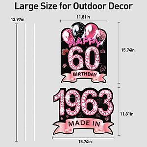2Pcs Rose Gold 60th Birthday Yard Sign Decorations for Women, 16'' Happy 60th Birthday Waterproof Lawn Signs Decorations with Stakes Made in 1963 Birthday Party Supplies Decor Outdoor