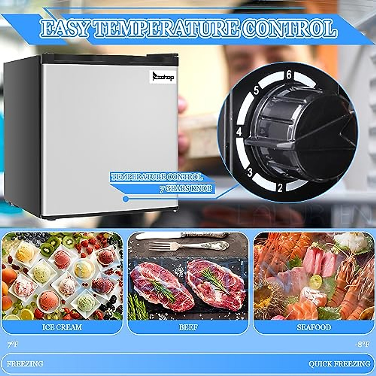 Mini Freezer Upright 1.1CU.FT Small Freezer Upright -8°F ~7°F Temperature Mini Deep Freezer Stainless Steel Upright Freezer Reversible Single Door Vertical Freezer for Home RVs Dorms Apartment Office