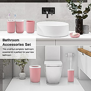 Otostar 6 Piece Bathroom Accessory Set Plastic Bath Accessories Bathroom Gifts Set with Soap Dispenser Toothbrush Holder Tumbler Soap Dish Toilet Brush Holder Trash Can Decor Countertop (Light Pink )