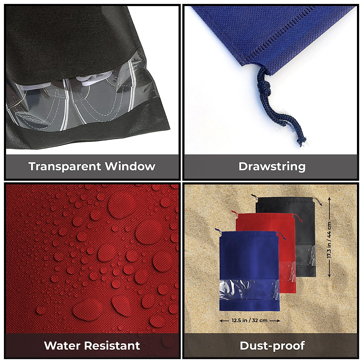 12 Pcs Shoe Bags for Travel, Packing, Storage & Organizing. Reusable Dust-Proof & Water Resistant Shoe Pouch Protector with Clear Transparent Window & Drawstrings. (Black)