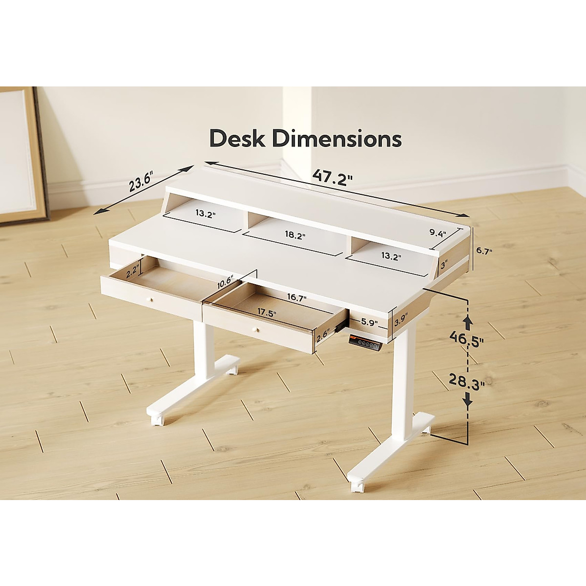 Claiks Standing Desk with Drawers, Electric Adjustable Standing Desk Adjustable Height, Sit Stand Up Desk with Storage Shelves & Wheels, 48 Inch White