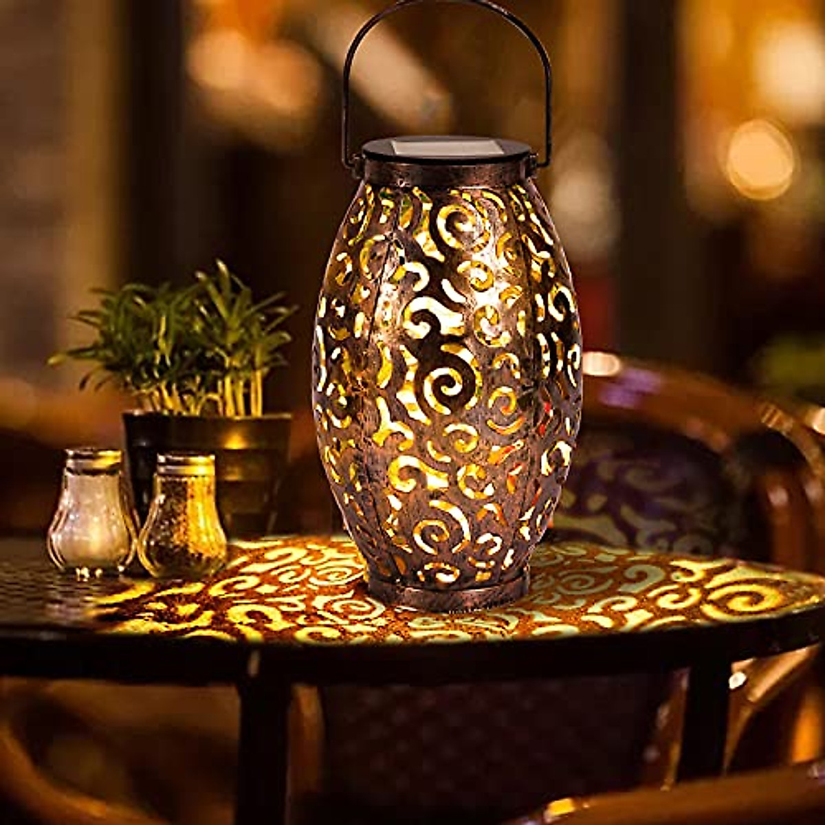 2Pcs Solar Lanterns Outdoor Waterproof Hanging Solar Garden Hollow Lanterns LED Lanterns with Handle Decorative Projector Night Light for Courtyard Porch Pathway Walkway Tree Fence Christmas