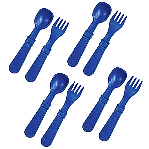 Re-Play Made in USA Toddler Forks and Spoons, Pack of 8 Without Carrying Case - 4 Kids Forks with Rounded Tips and 4 Deep Scoop Toddler Spoons - 0.2" Thick Toddler Utensils, Navy Blue