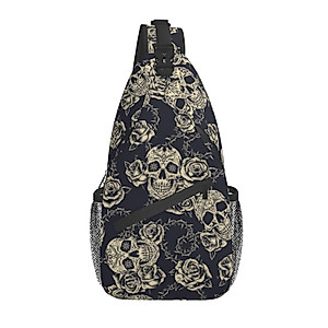 Skull Rose Sling Bag Crossbody Travel Hiking Chest Backpack Shoulder Daypack for Women Men