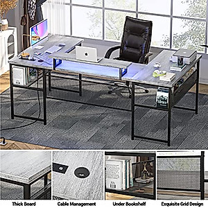 Unikito U Shaped Computer Desk with Power Outlet and LED Strip, Reversible L Shaped Office Desk with Monitor Stand and Bookshelf, Modern U- Shape Corner Desk, 130 Inch 2 Person Gaming Table, White Oak