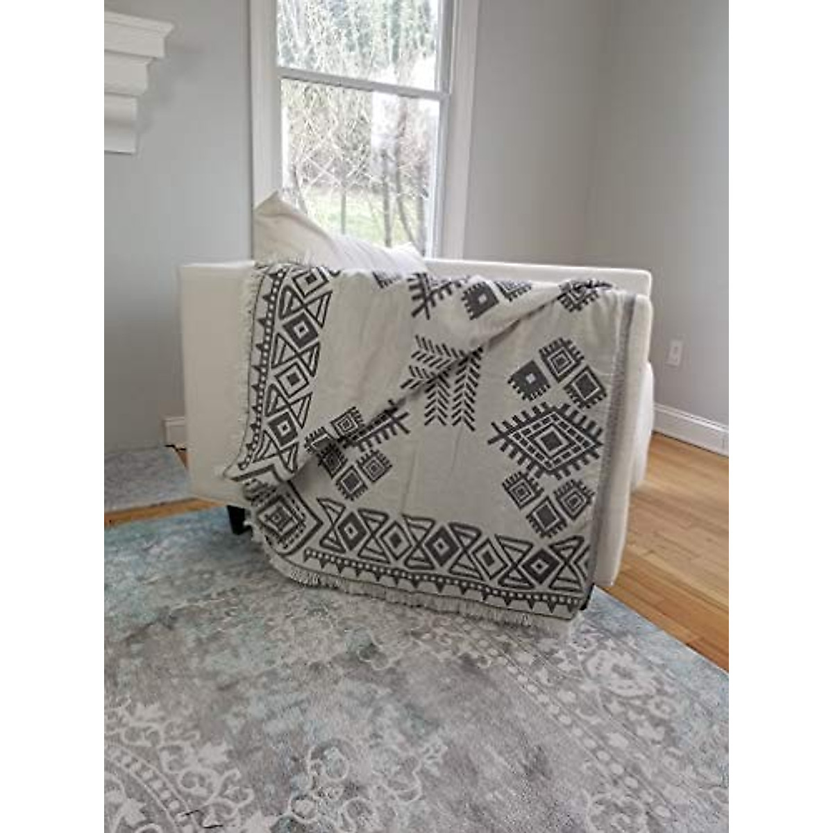 InfuseZen Bohemian Style Turkish Throw Blanket, Tribal Print Lightweight Throw, 100% Cotton Blanket for a Sofa or Partial Bed Cover, Thin Boho Turkish Throw (Charcoal)