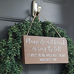 Baby Sleeping Sign for Front Door - Funny No Soliciting 6x12 Hanging Wood Plaque - Please Do Not Knock or Don't Ring Doorbell Dogs Will Bark