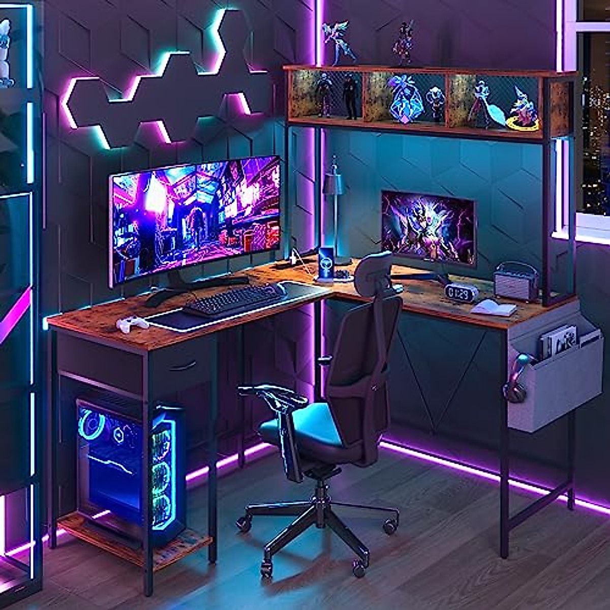 Yoobure L Shaped Desk with Power Outlet, Reversible L Shaped Computer Desk with Storage Shelf and Drawer, Corner Desk with Storage Bag, 2 Person Home Office Desk, Industrial Gaming Desk with USB Ports