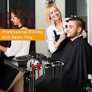 Salon Tray on Wheels with 2 Magnetic Bowls, Rolling Metal Aluminum Tray Cart Height Adjustable for Hair Stylist, Hair Extension Tool Tray, Tattoo Tray with Hair Stickless Wheels