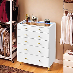 JanflyHome 5 Drawer Dresser for Bedroom Tall, Glass Dresser with 20 Colors LED Lights as Jewelry Organize, Wood Chest of Drawers for Bedroom, Living Room, Cloakroom, Entryway, White